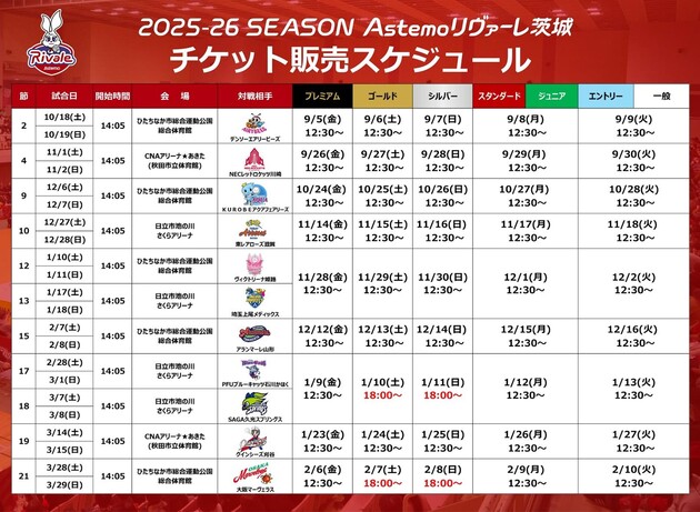 【バレー/Astemoリヴァーレ茨城】2025-26 ホームゲームのチケット概要が決定しました! - スポーツナビ